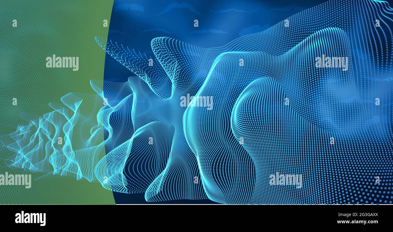 Digitally generated image of blue glowing digital waves against green ...