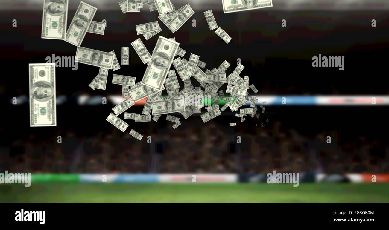 Digitally generated image of american dollars falling against sports ...