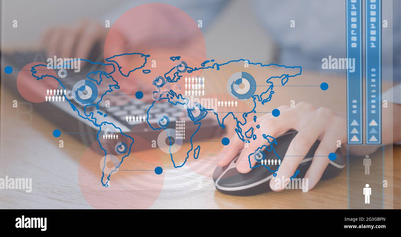 Data processing over world map against mid section of person using ...
