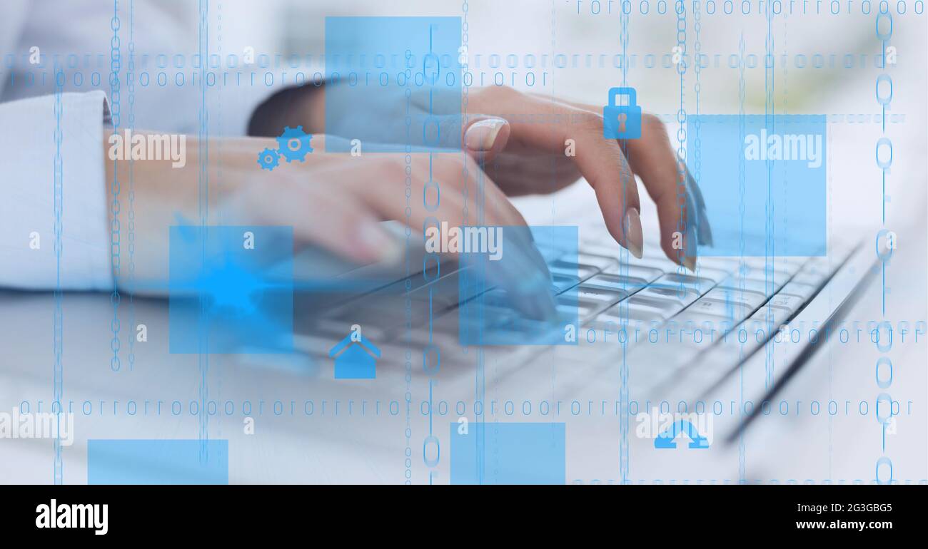 Binary coding data processing against mid section of person typing on ...