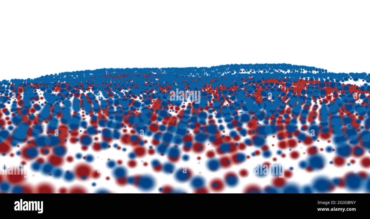 Digitally generated image of blue and red spots against white ...