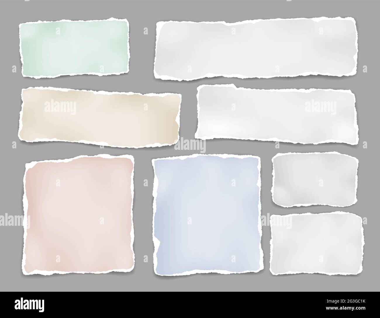 Set of torn white and colorful note, notebook paper stripes are on dark ...