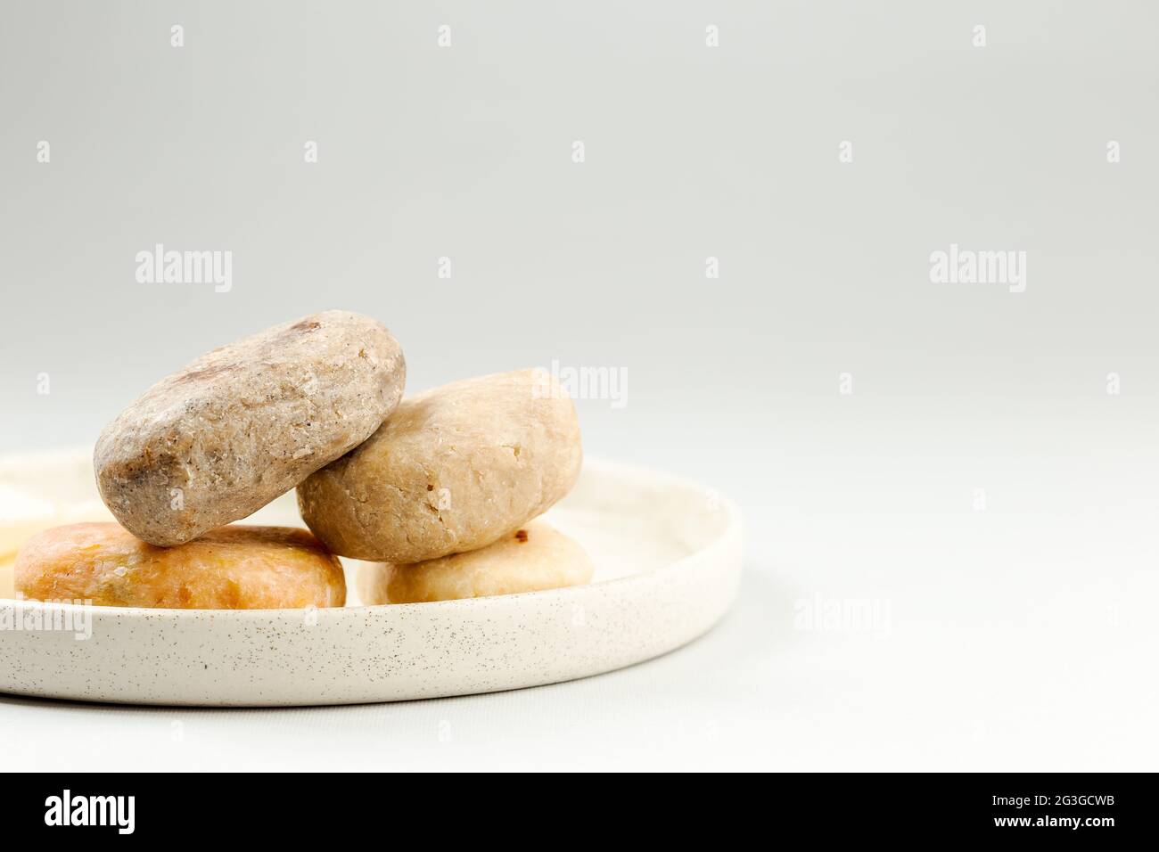 Close up of Handmade solid soap bars of different shape on white ...
