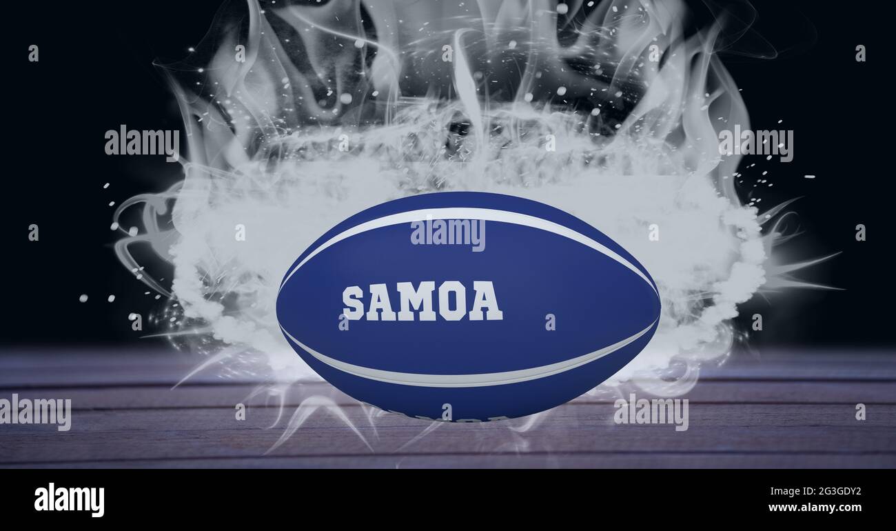 Blue rugby ball with samoa text over wooden surface against smoke ...