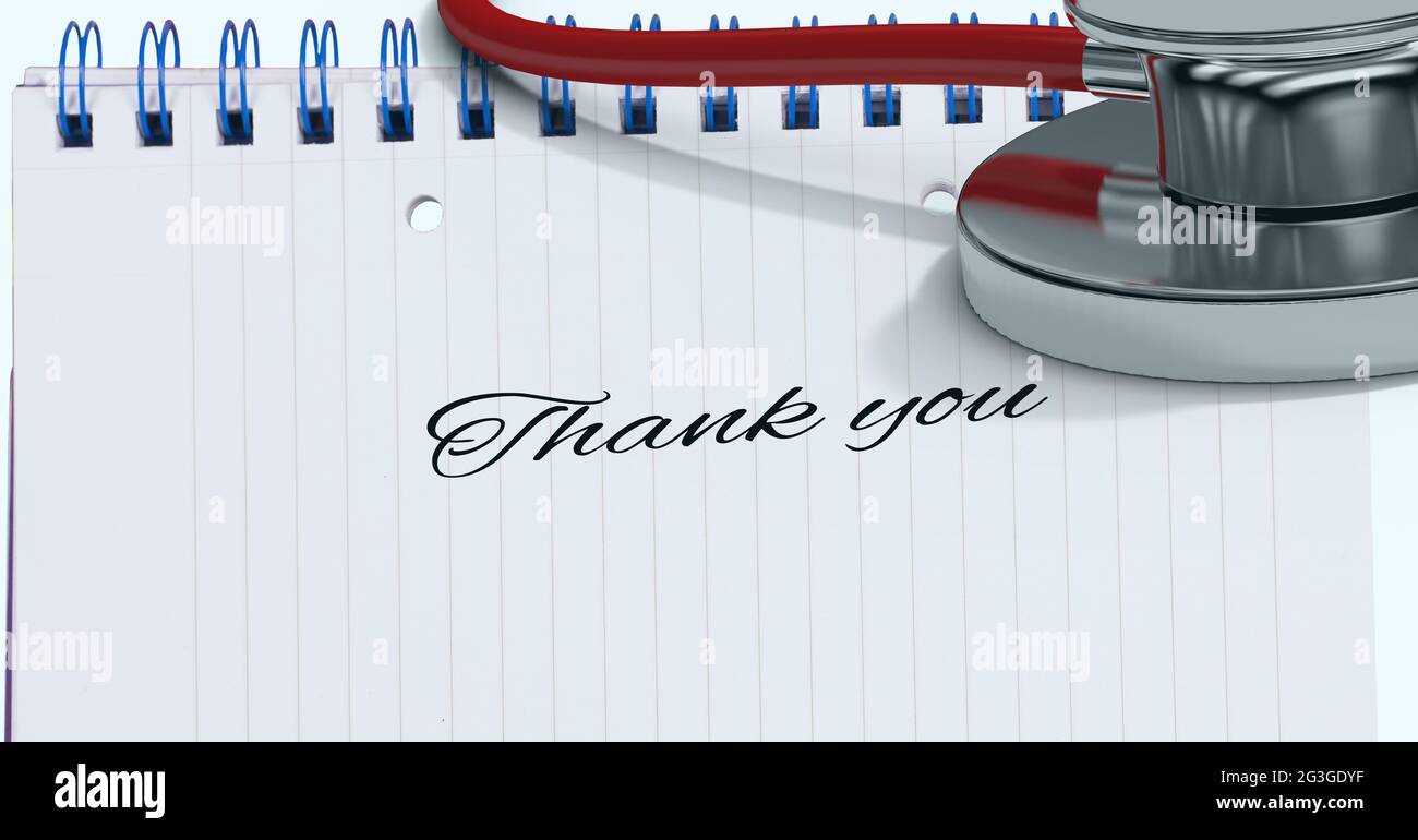Thank you text and stethoscope over a diary against white background ...
