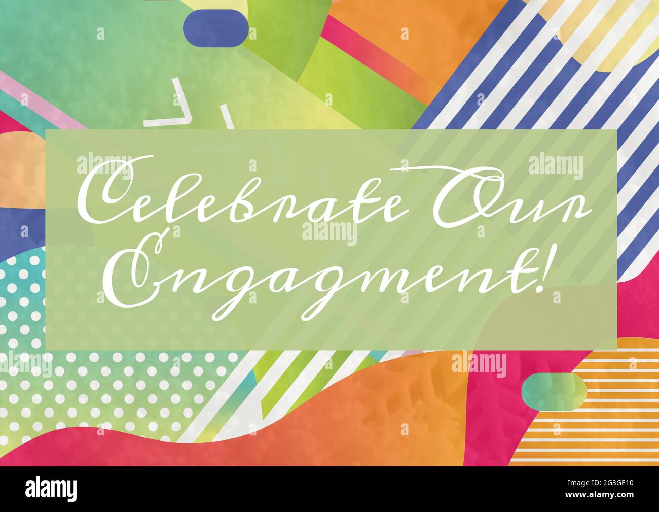 Celebrate our engagement over green banner against colorful abstract ...