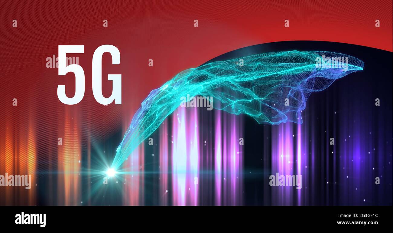 Digitally generated image of 5g text against digital waves on red ...