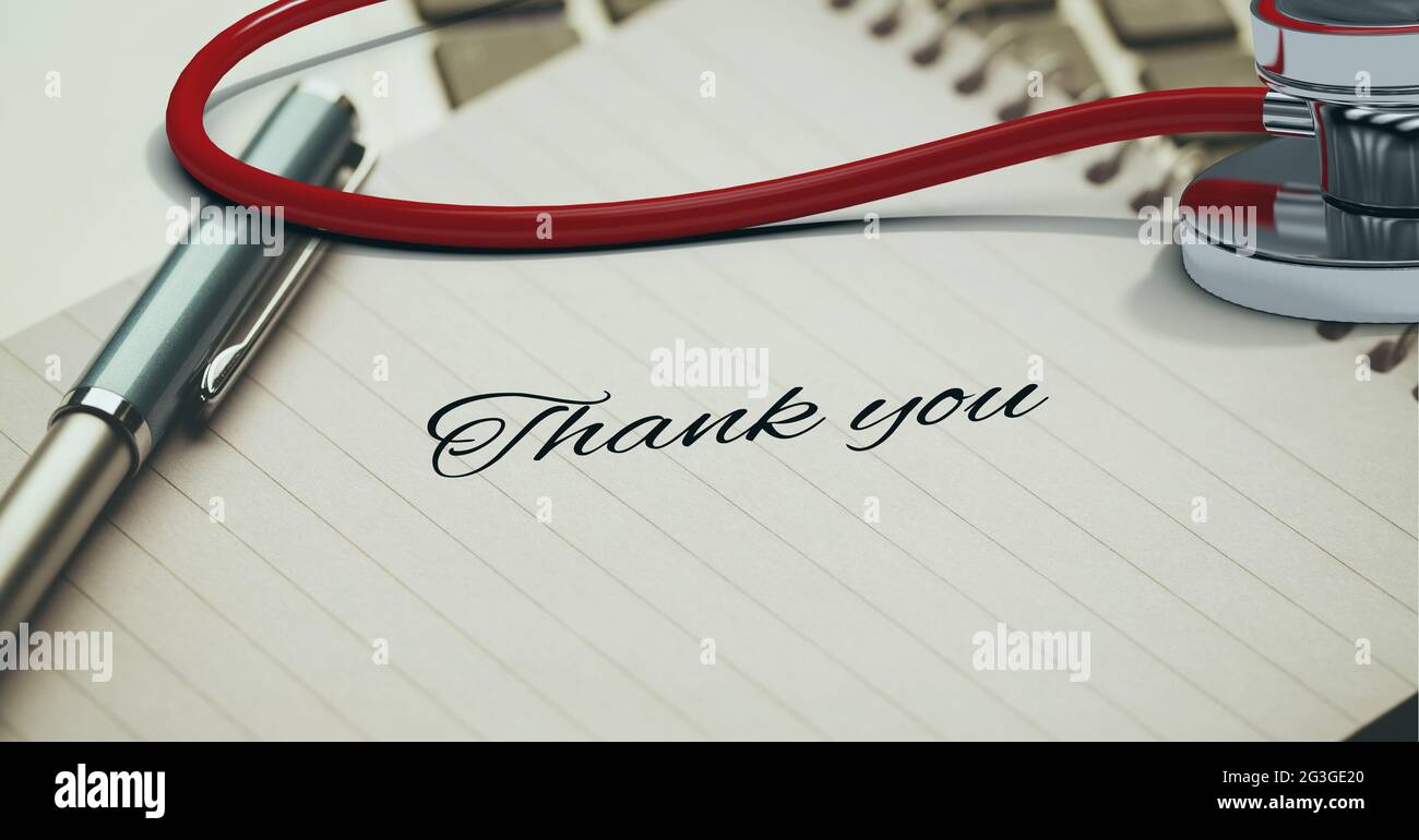 Thank you text, stethoscope and pen over a diary against laptop ...