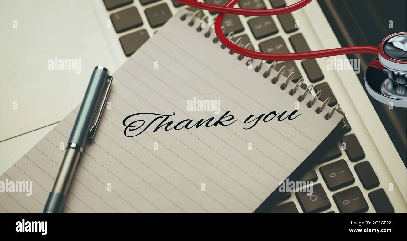Thank you text, stethoscope and pen over a diary against laptop ...