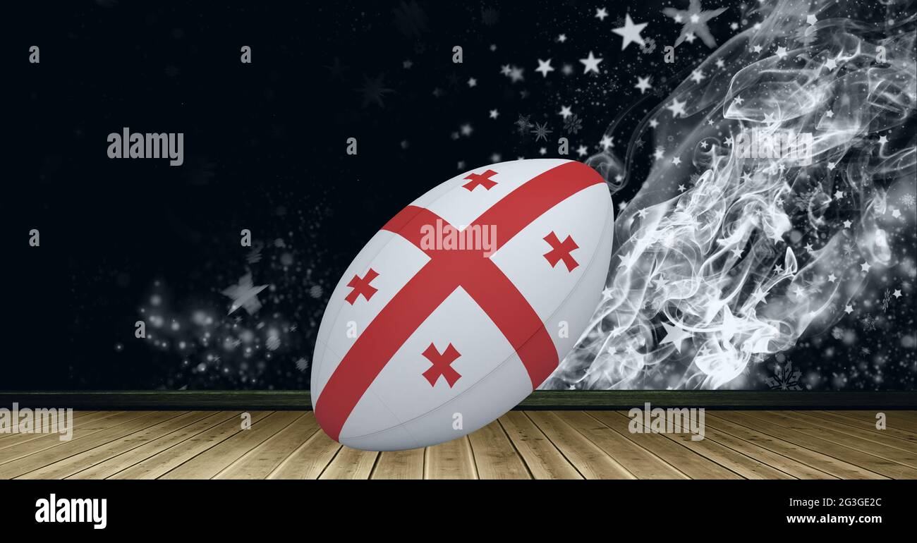 Georgia flag on rugby ball over wooden surface against smoke effect and ...