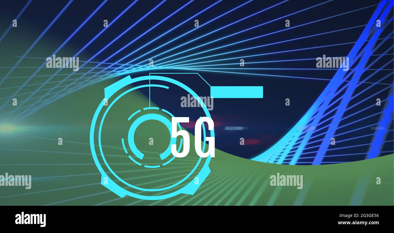 Digitally generated image of 5g text over digital waves against green ...