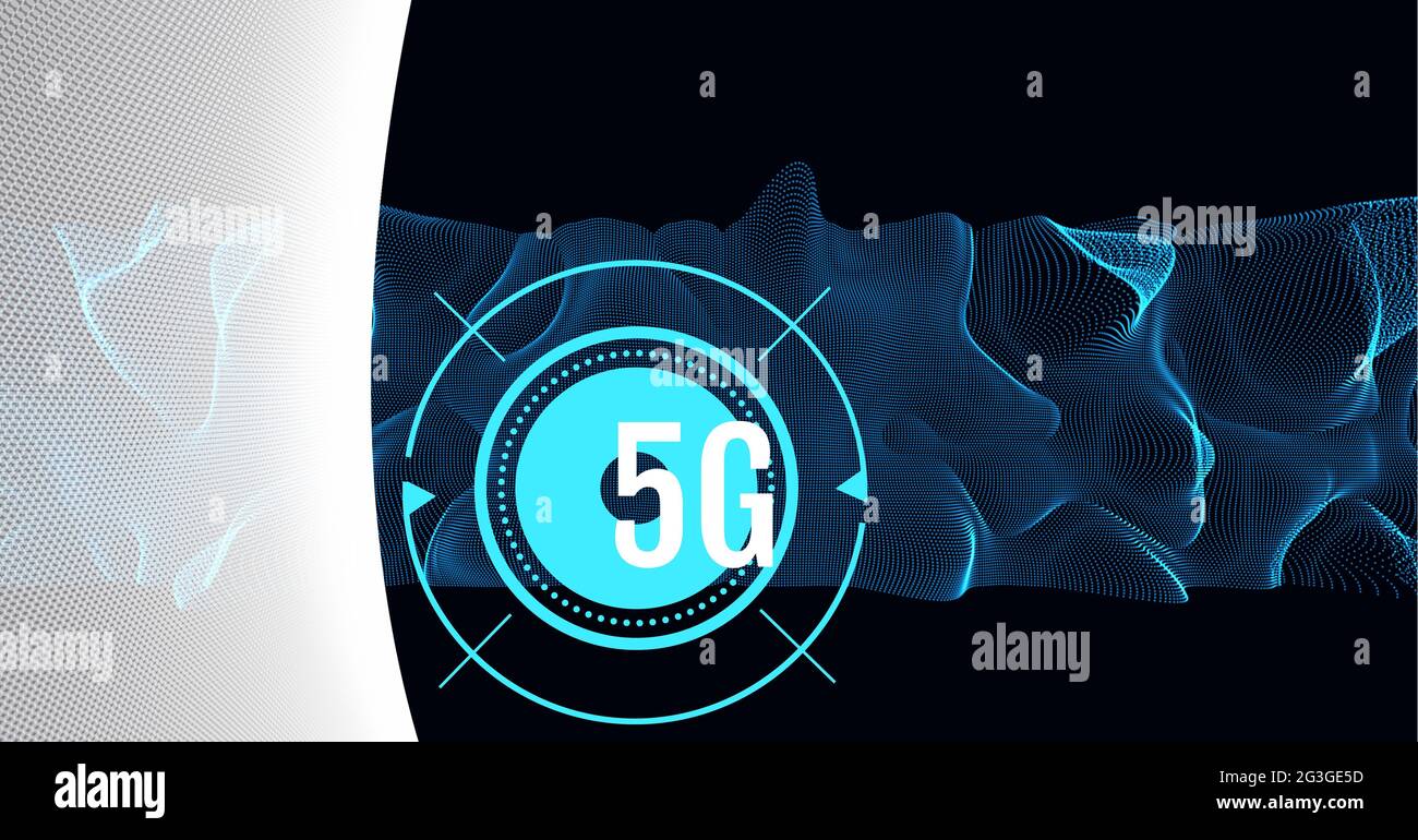 Digitally generated image of 5g text over digital waves against grey ...