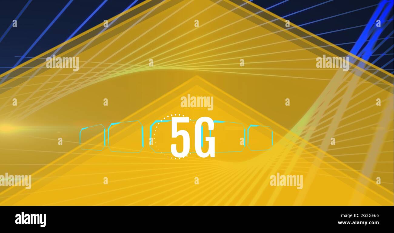 Digitally generated image of 5g text over digital waves against yellow ...