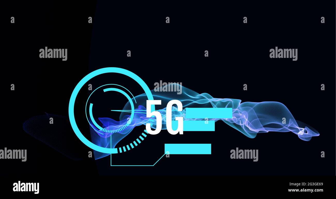 Digitally generated image of 5g text over digital waves against black ...