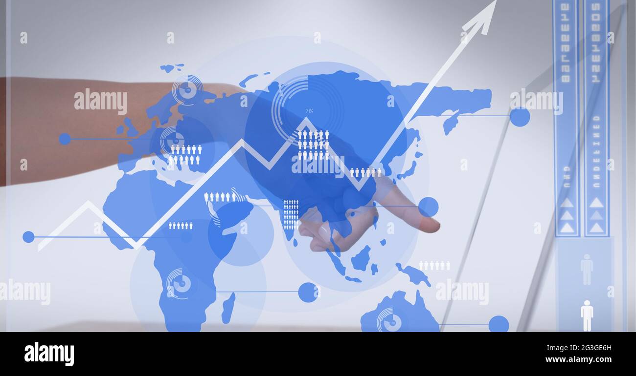 Data processing over world map against hand touching laptop screen ...