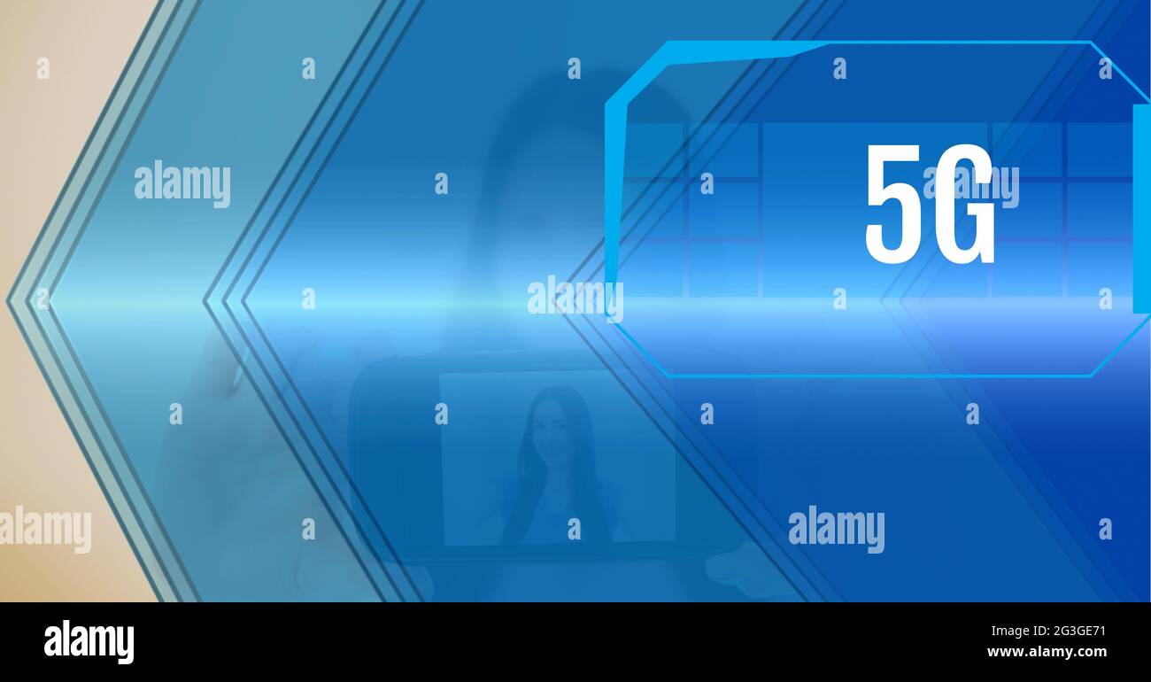 5g text over caucasian woman taking a selfie from smartphone against ...
