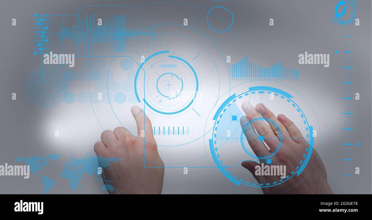 Digital interface with data processing against close up of hands ...