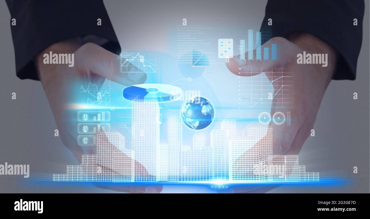 Digital interface with data processing over 3d cityscape model against ...