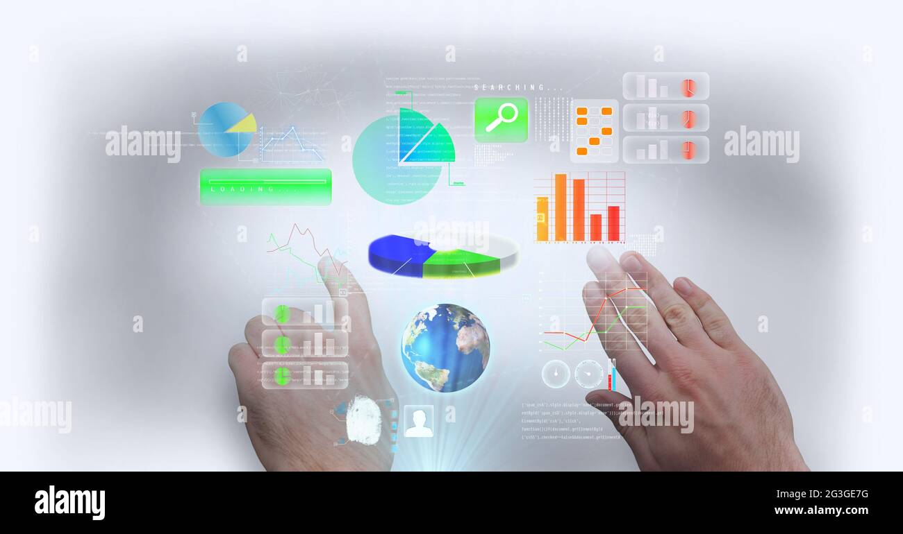 Digital interface with data processing against close up of hands ...