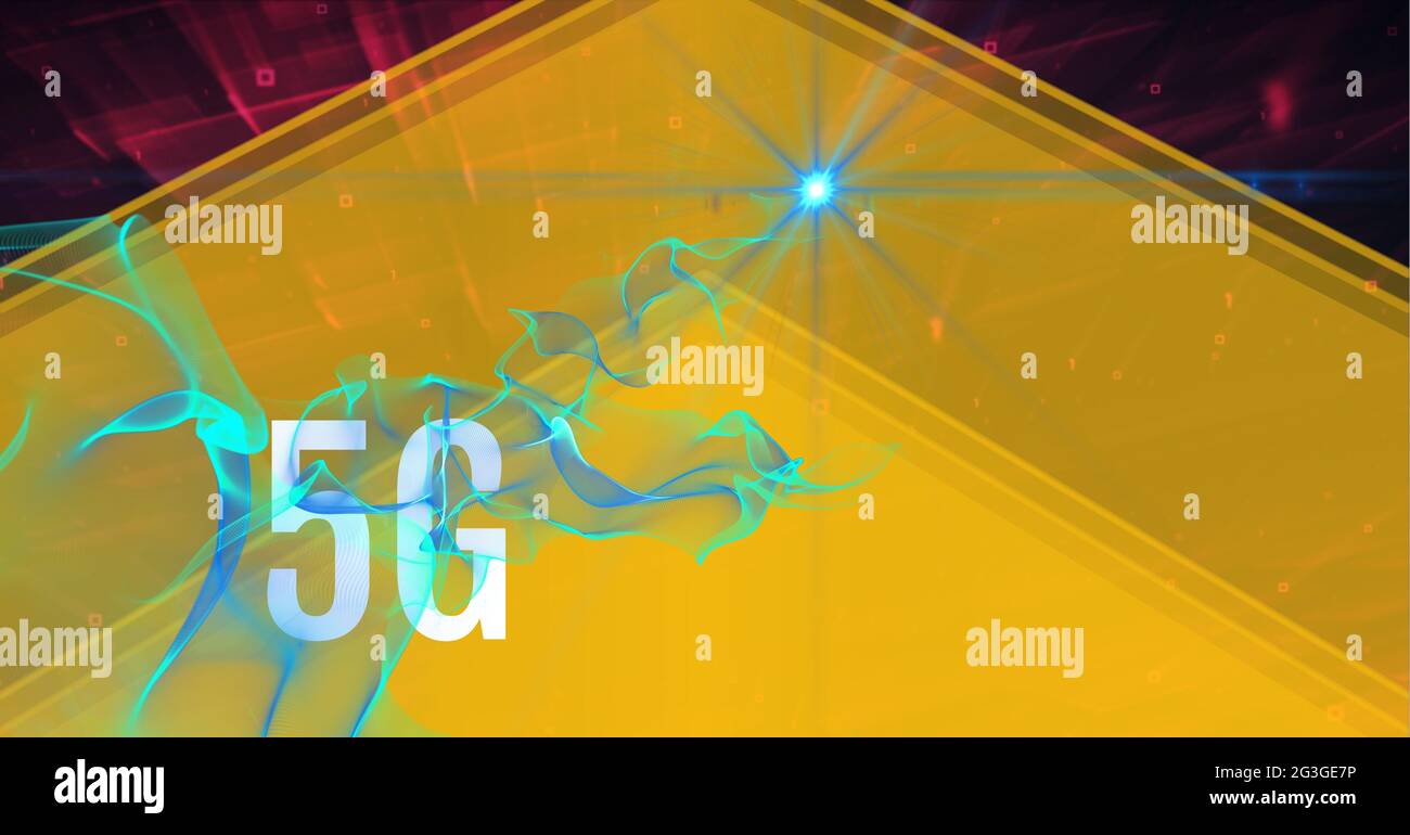 Blue digital waves over 5g text against red square shapes on yellow ...