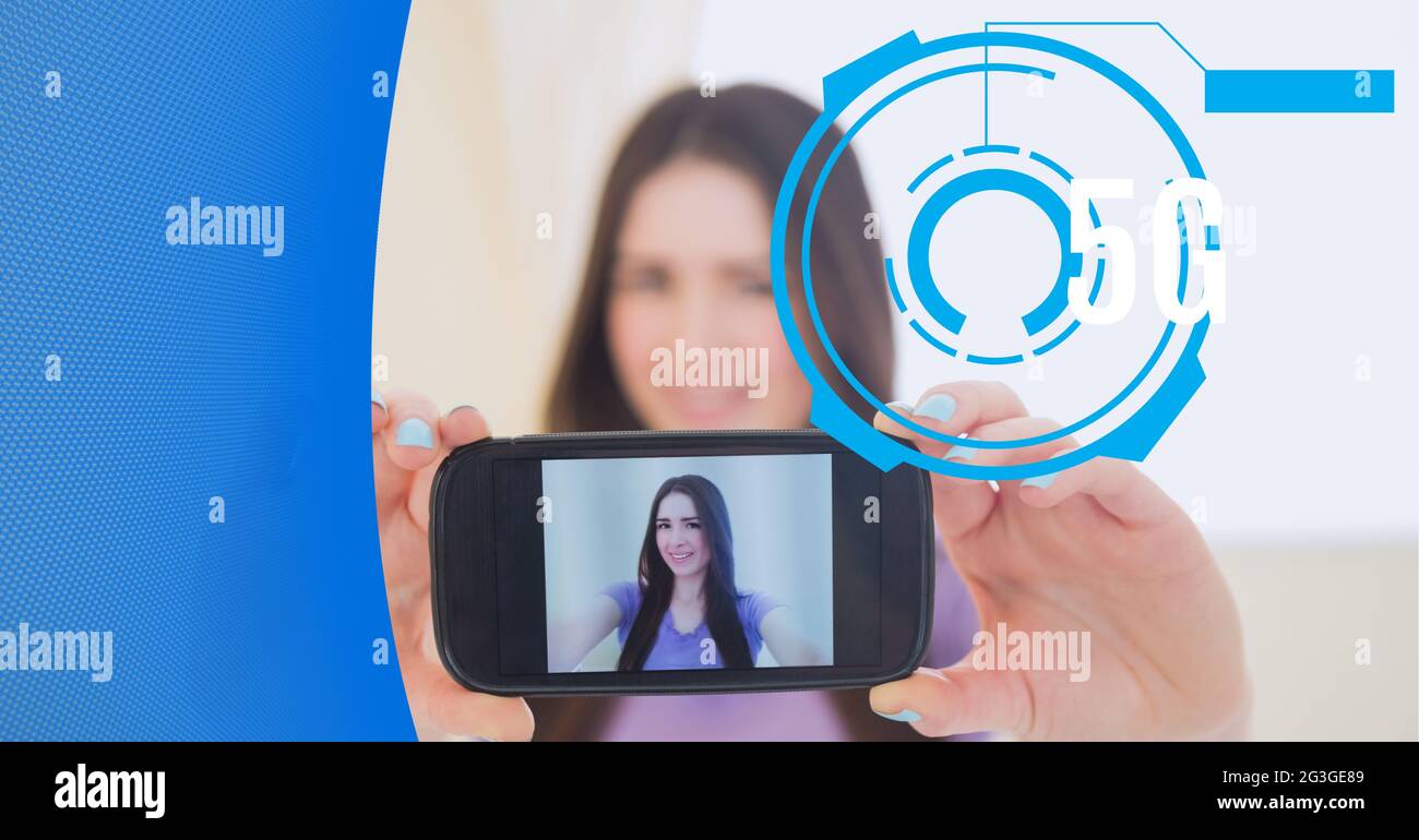 5g text and round scanner over woman taking a selfie from smartphone ...
