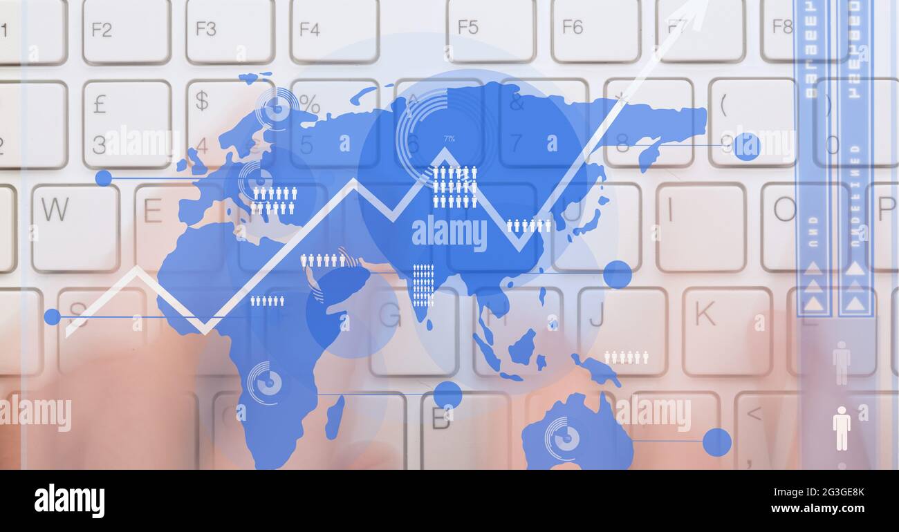 Digital interface with data processing over world map against close up ...