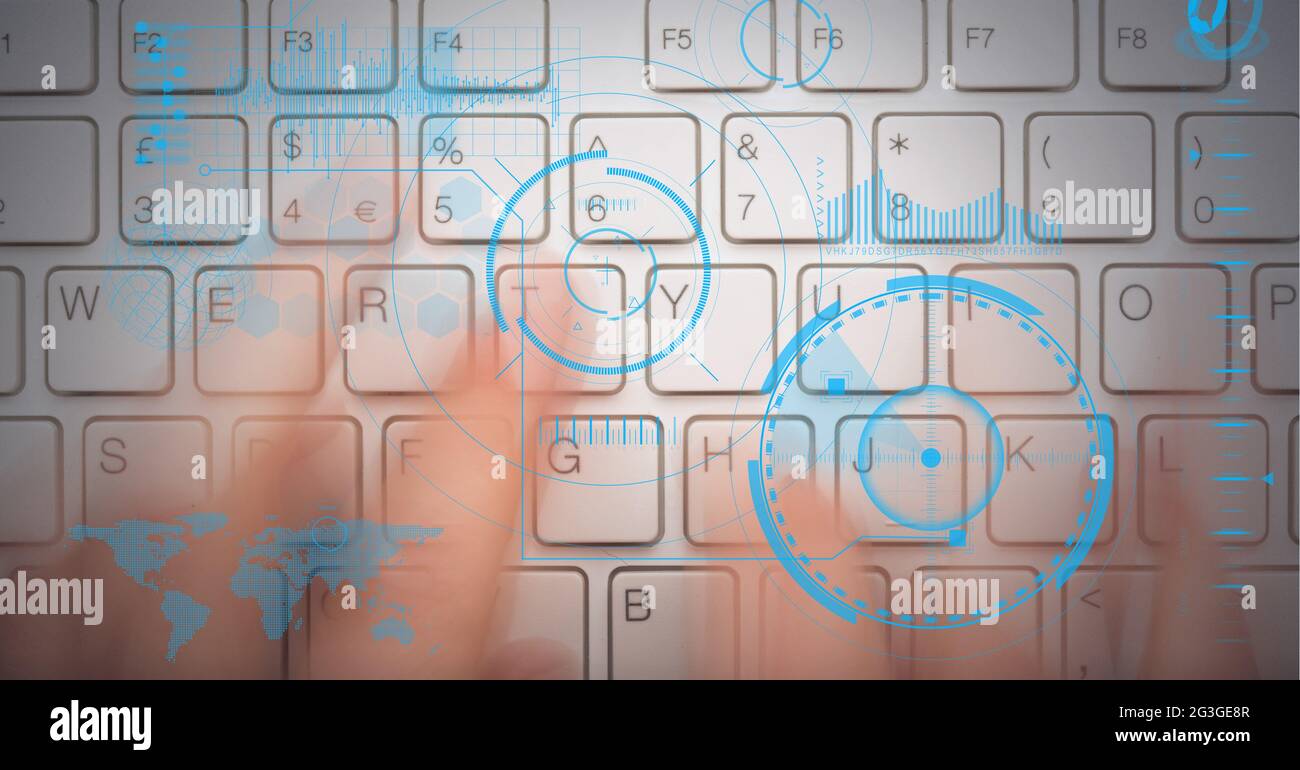 Digital interface with data processing against close up of person ...