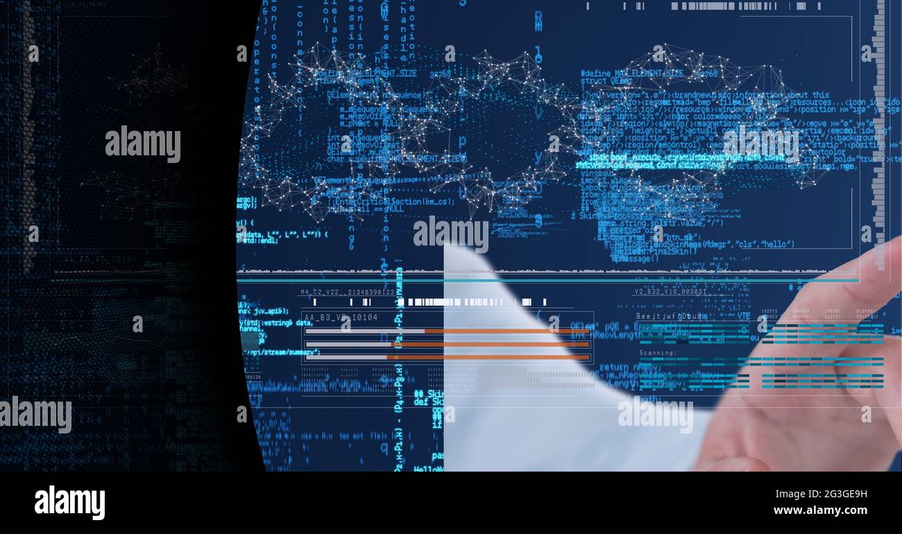 Data processing against hand touching invisible screen against black ...