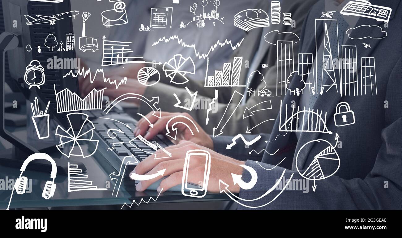 Multiple business concept icons against mid section of businesspeople ...