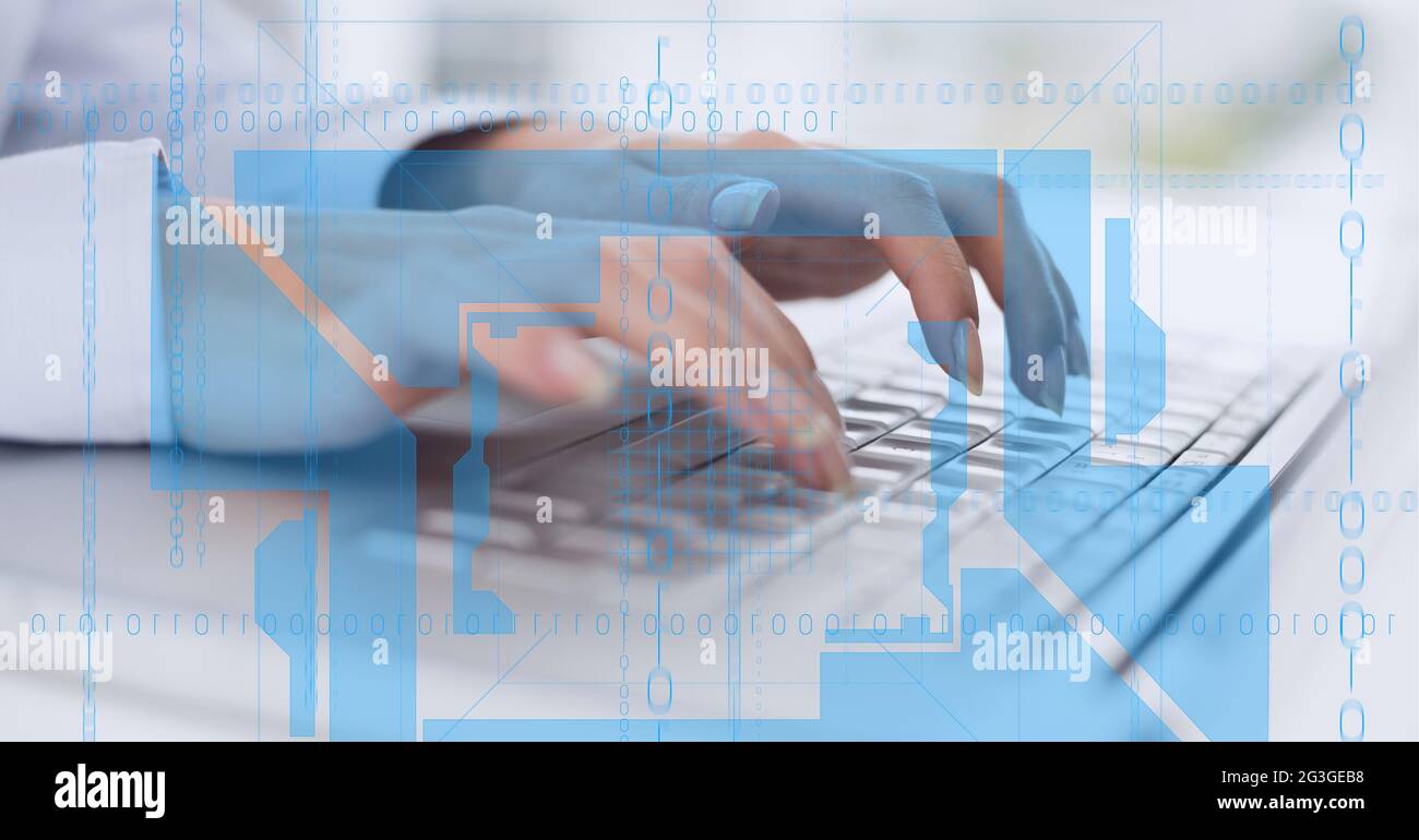 Binary Coding Data Processing Against Mid Section Of Person Typing On