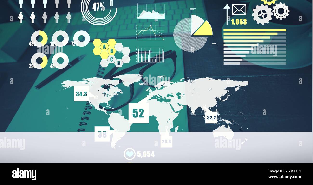 Digital interface with data processing against close up of office ...