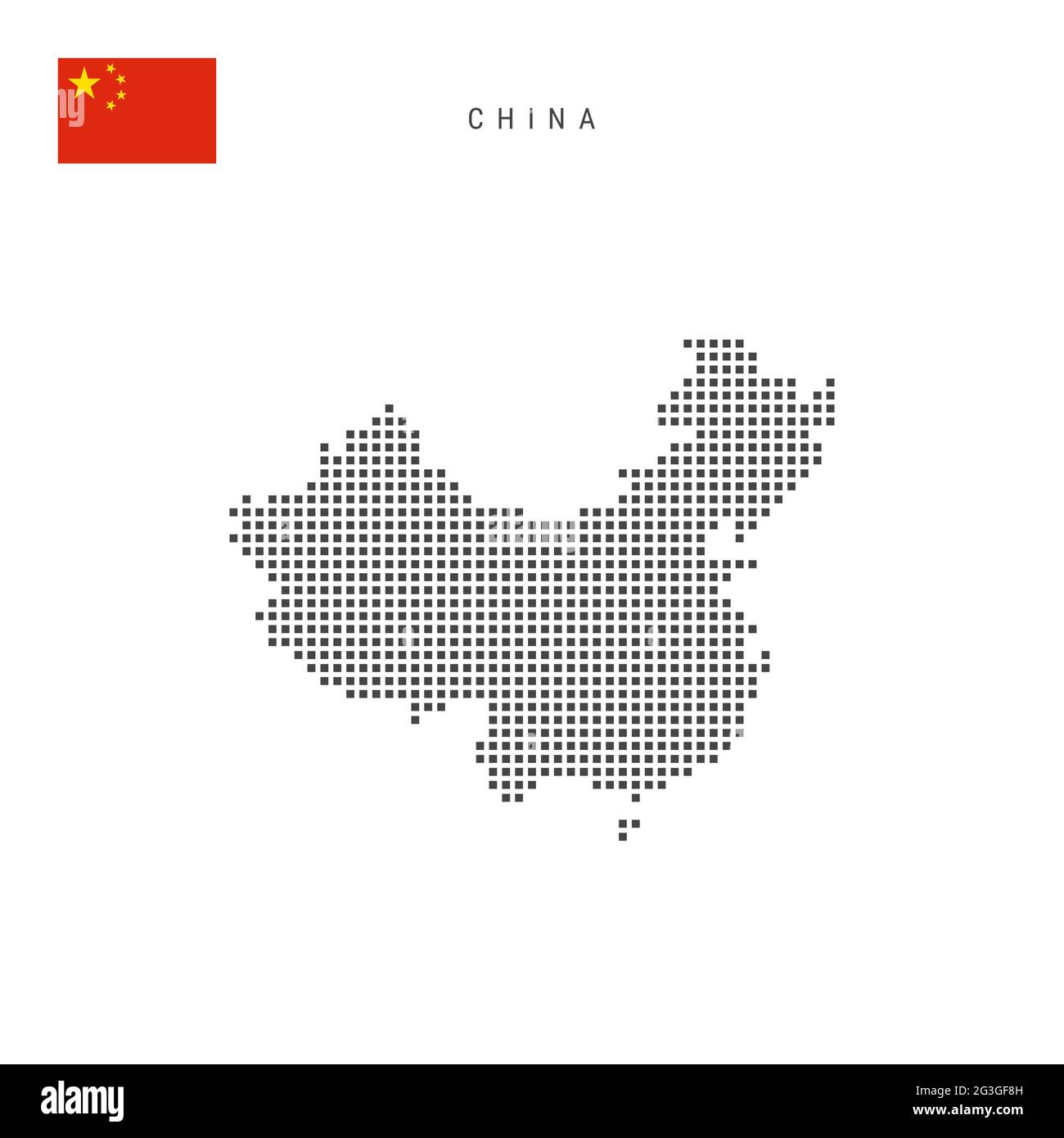 Square dots pattern map of China. Chinese dotted pixel map with national flag isolated on white ...