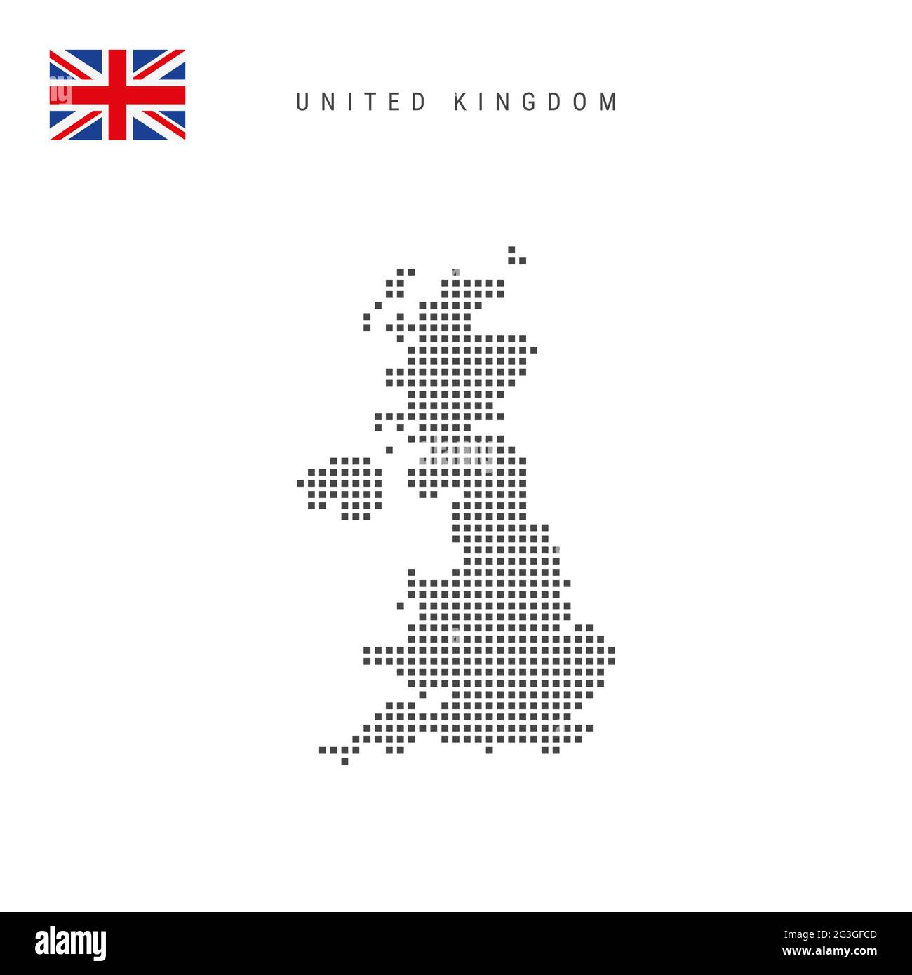 Square dots pattern map of United Kingdom. British dotted pixel map with national flag isolated ...
