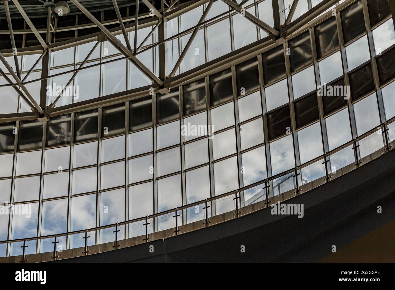 Big windows in factory building interior, blue sky outdoors Stock Photo ...