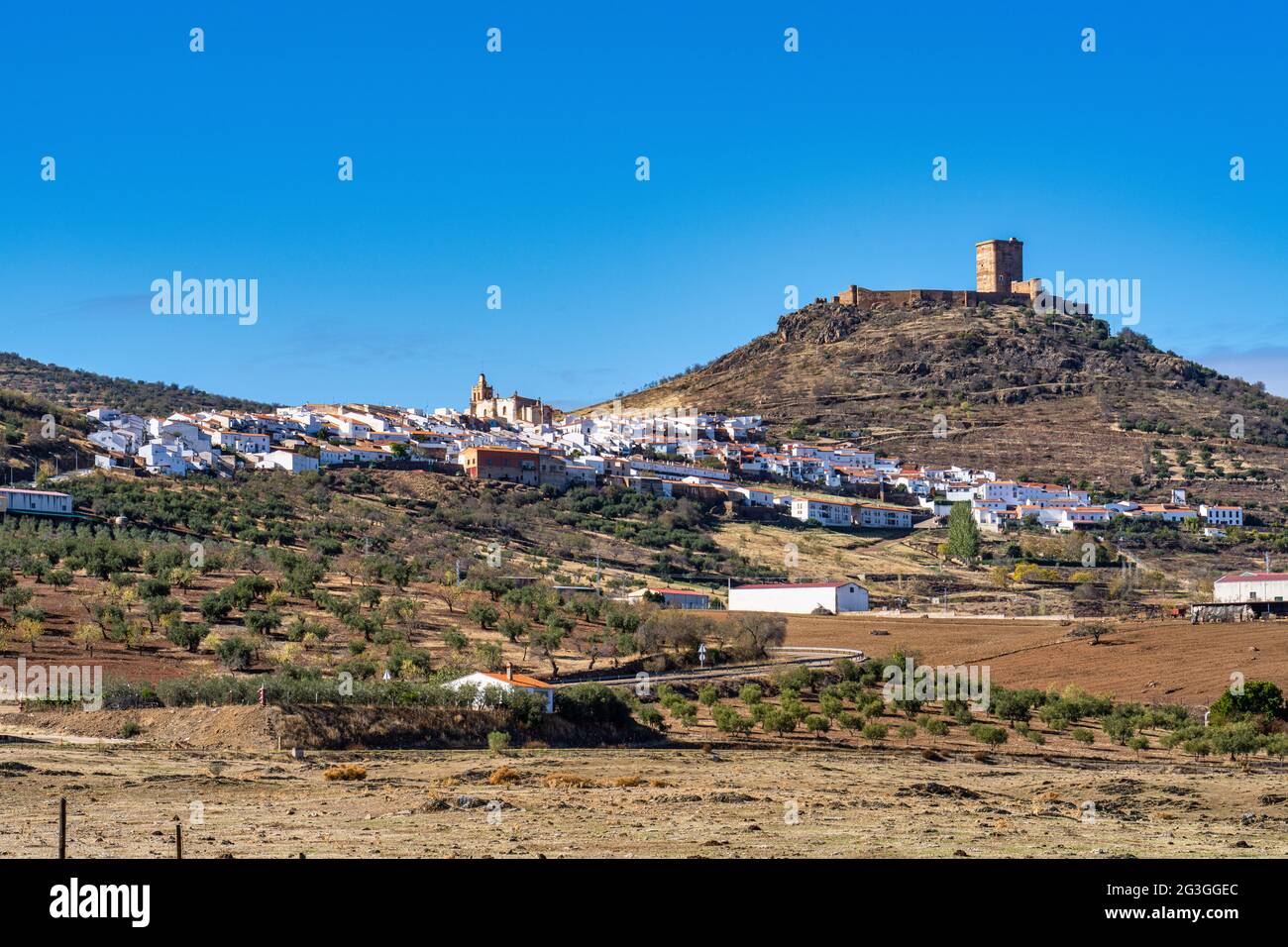 Landscape view to Feria Castle Hill, Extremadura in Spain Stock Photo ...