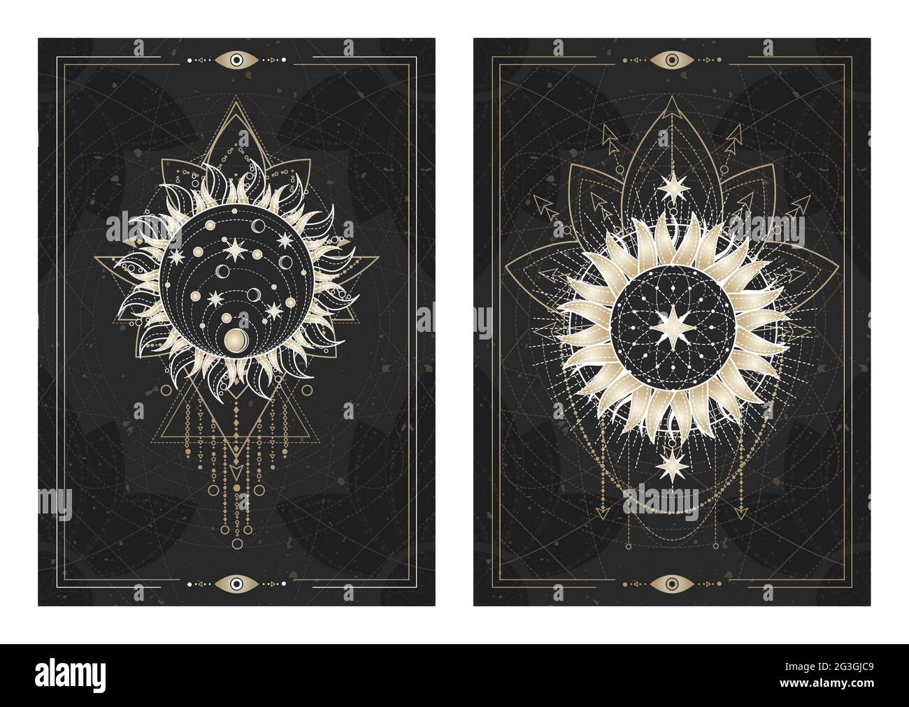 Vector dark illustrations with sacred geometry symbols, grunge textures ...