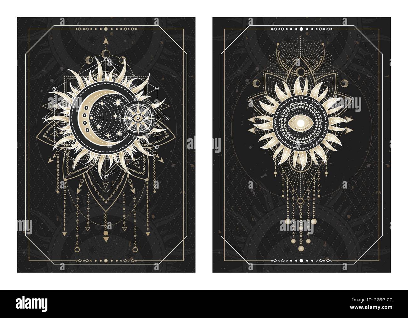 Vector dark illustrations with sacred geometry symbols, grunge textures ...