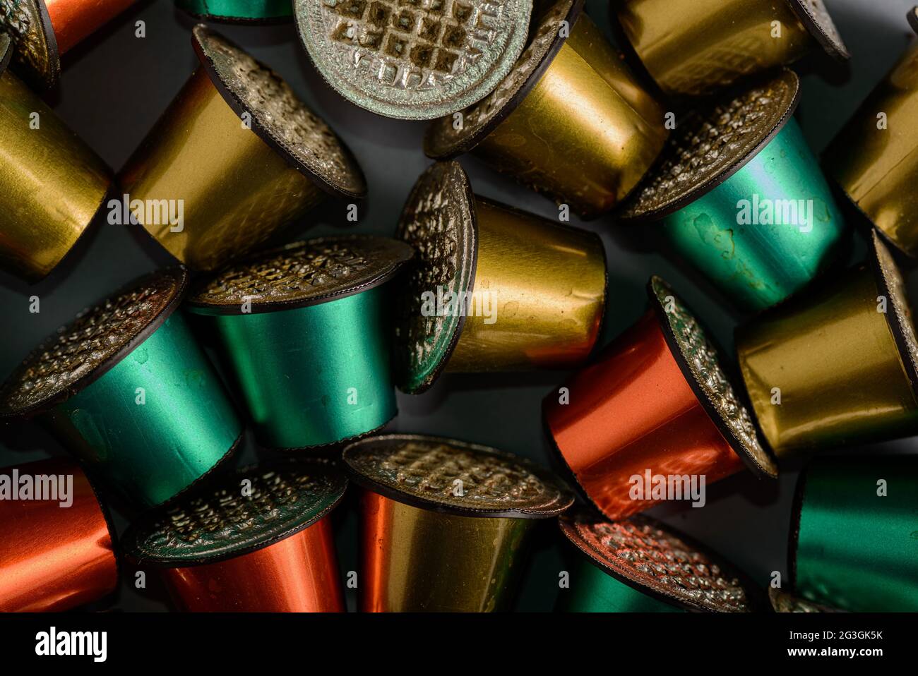 Colored and used coffee capsules in close-up Stock Photo - Alamy