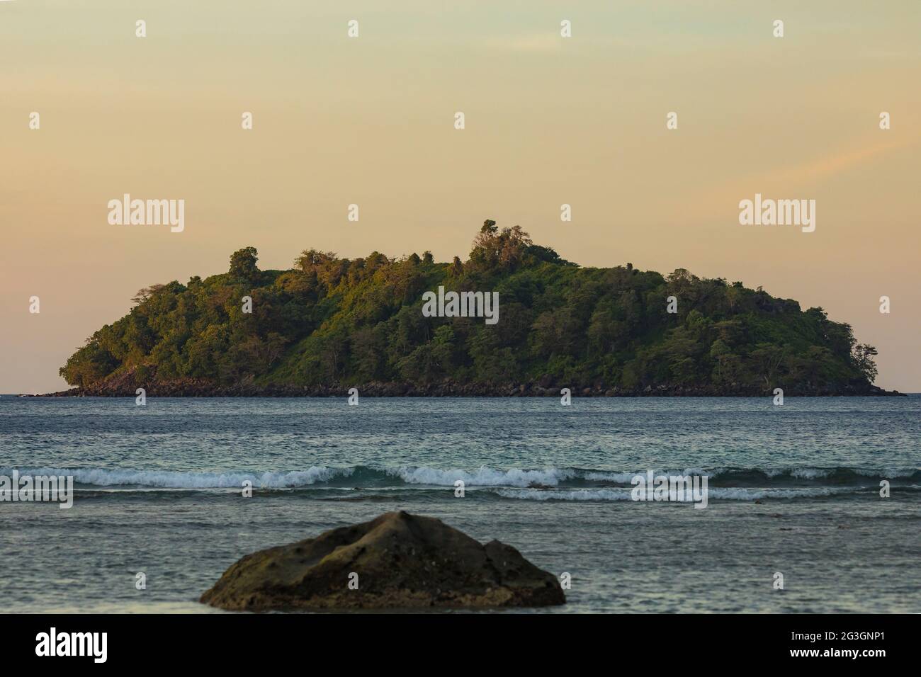 Seascape and jungle at sunset, Pulau Seulako Island from Iboih Beach ...