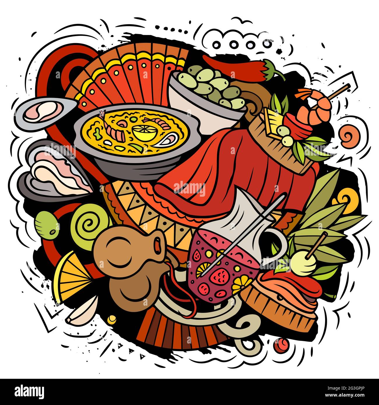 Spain hand drawn cartoon doodle illustration. Funny Spanish elements ...