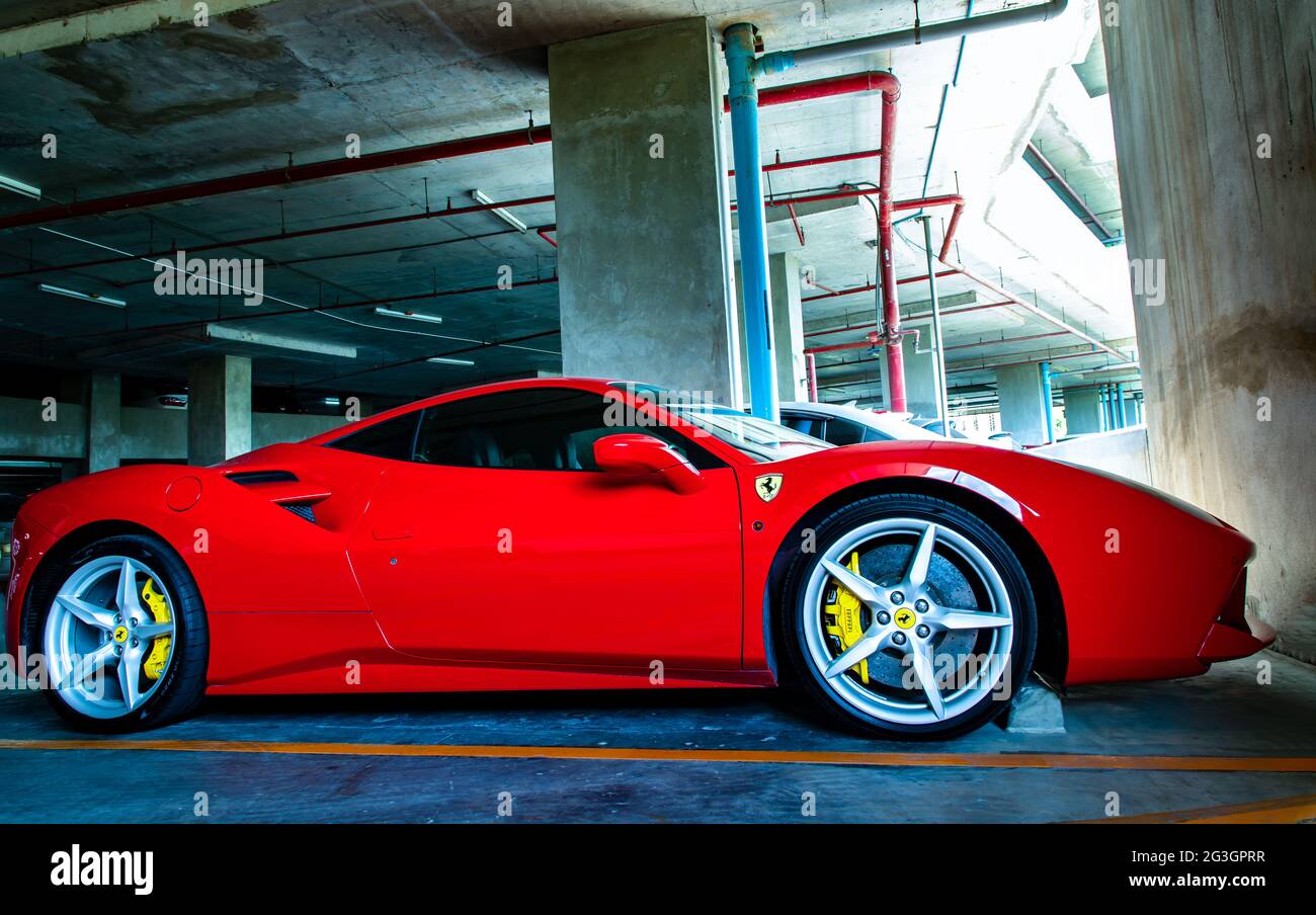 Bangkok, Thailand - 06 Jun 2021 : Side view of Red metallic Ferrari car ...