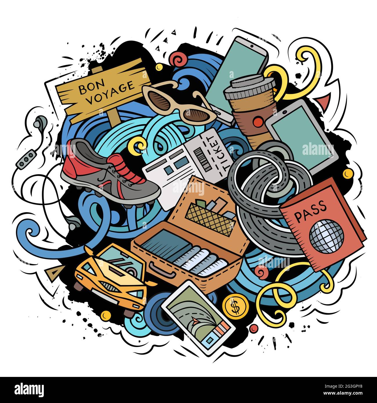 Traveling vector doodles illustration. Travel elements and objects ...