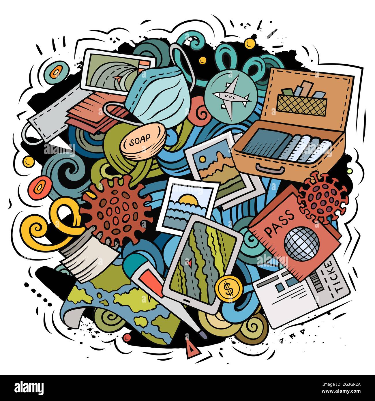 Traveling vector doodles illustration. New normal elements and objects ...