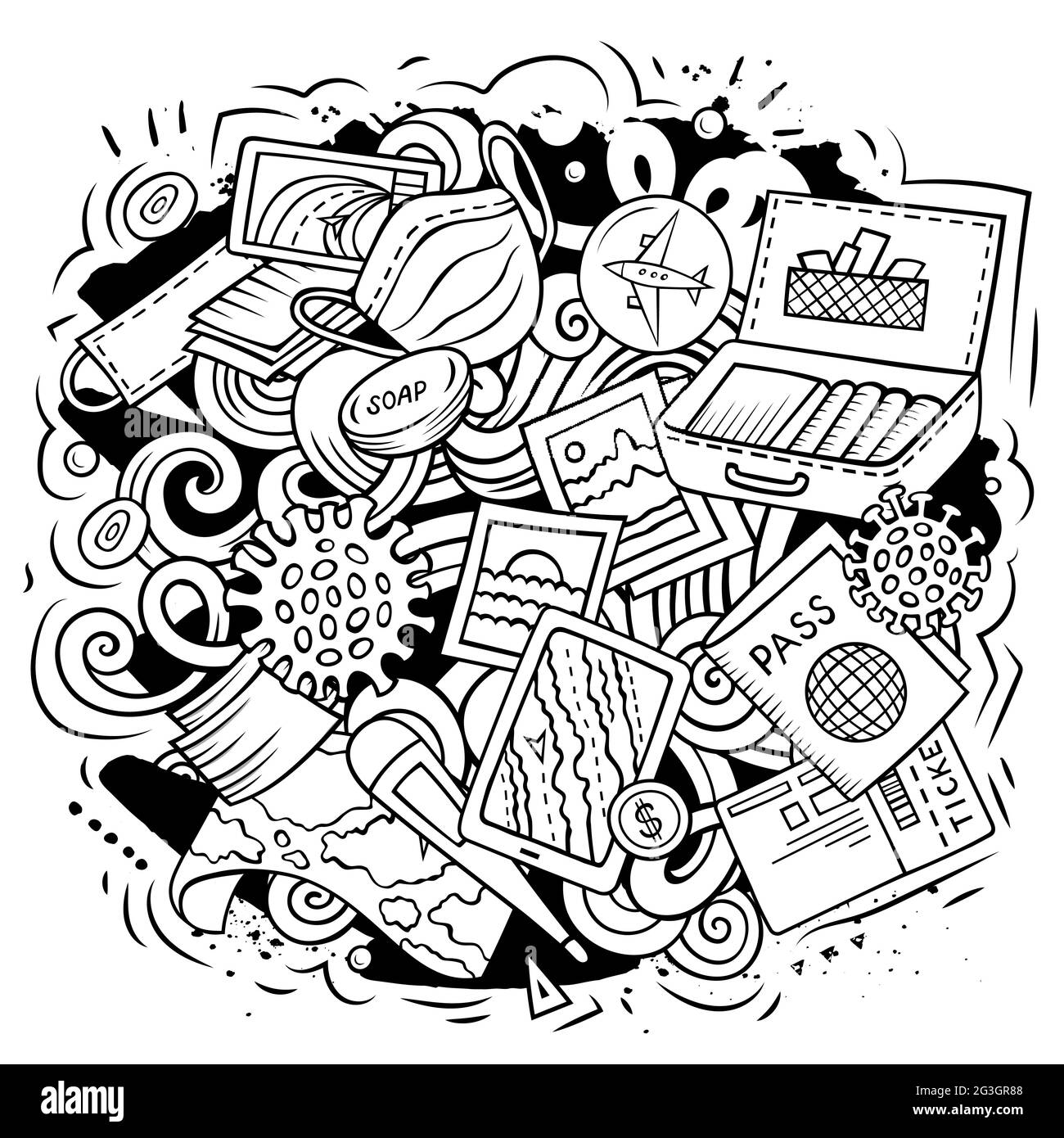 Traveling vector doodles illustration. New normal elements and objects ...
