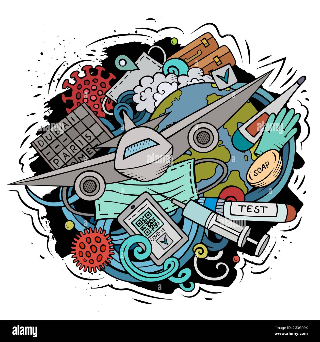 Traveling vector doodles illustration. New normal elements and objects ...