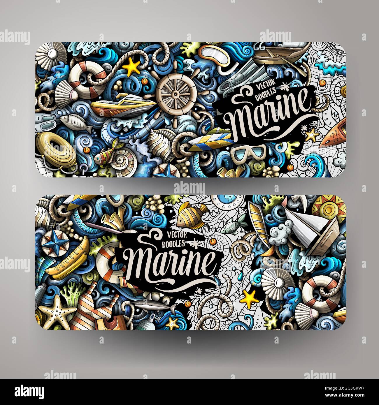 Cartoon vector doodle set of Marine banners templates. Corporate ...