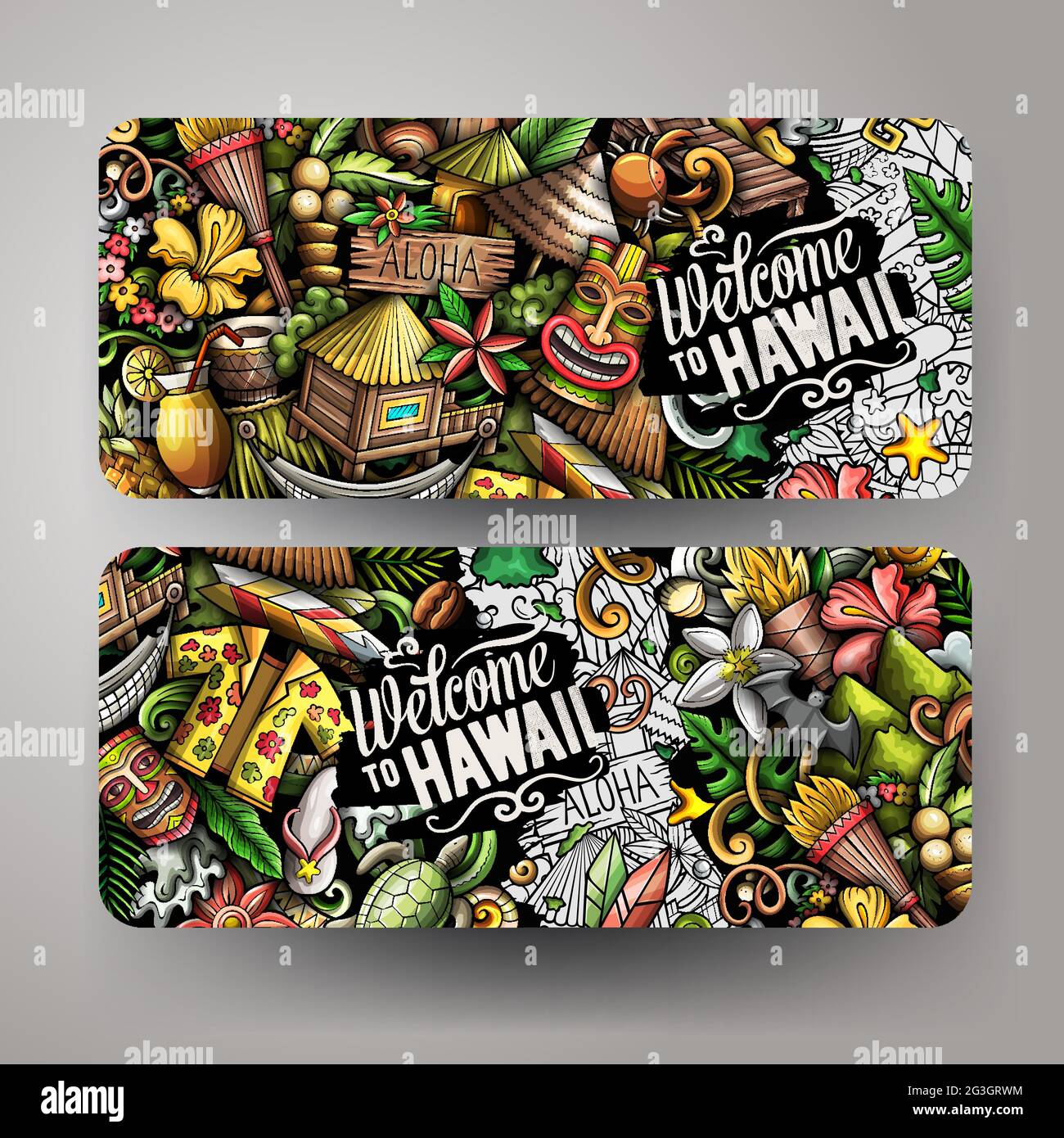Cartoon vector doodle set of Hawaii banners templates. Corporate ...