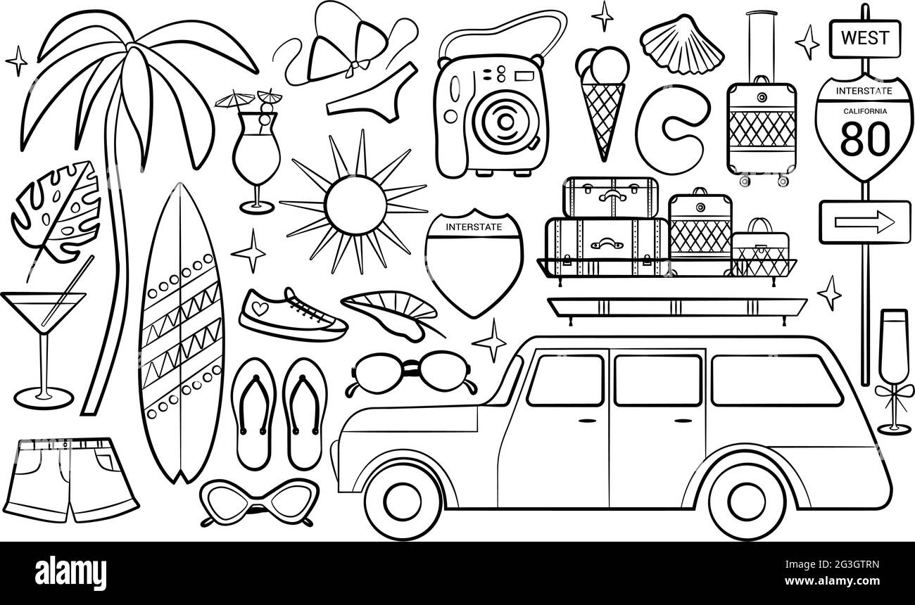 Set of doodle travel design elements. Hand drawn vacation and travel ...
