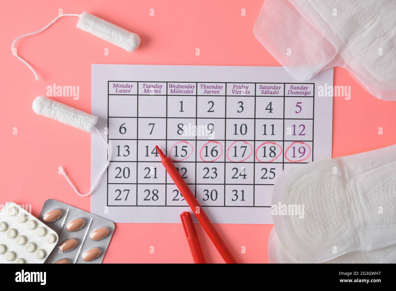 Menstrual calendar with marked critical days and various menstrual ...