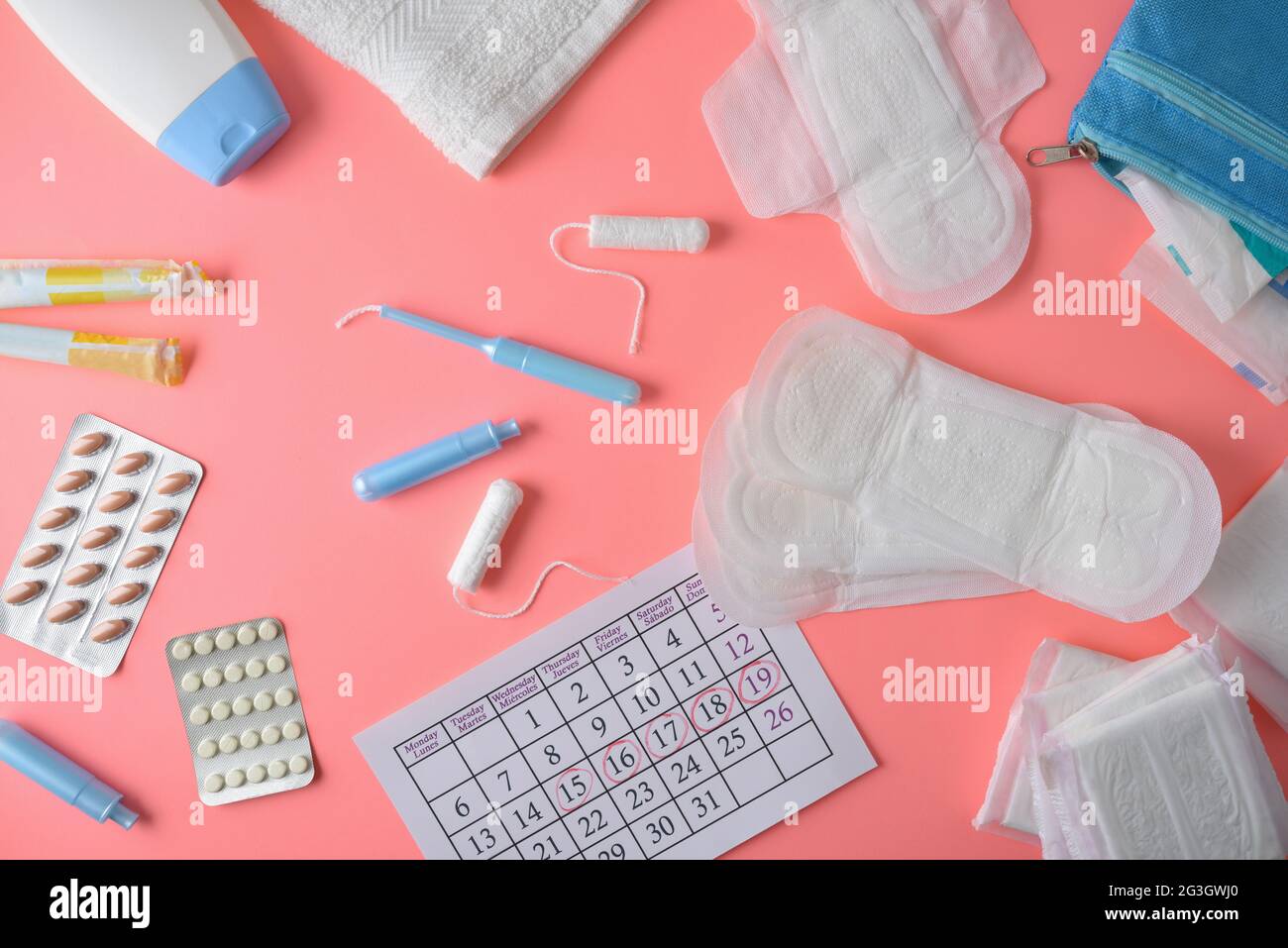 Various menstrual hygiene products, pills and personal hygiene with ...